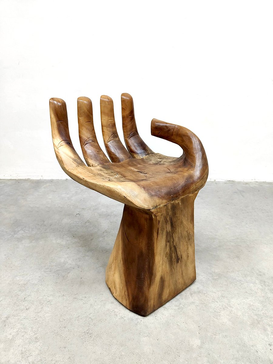Wooden Handcrafted Carved Hand Chair for sale at Pamono