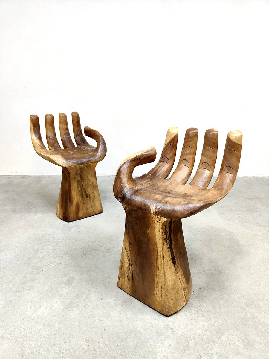 Wooden Handcrafted Carved Hand Chair for sale at Pamono