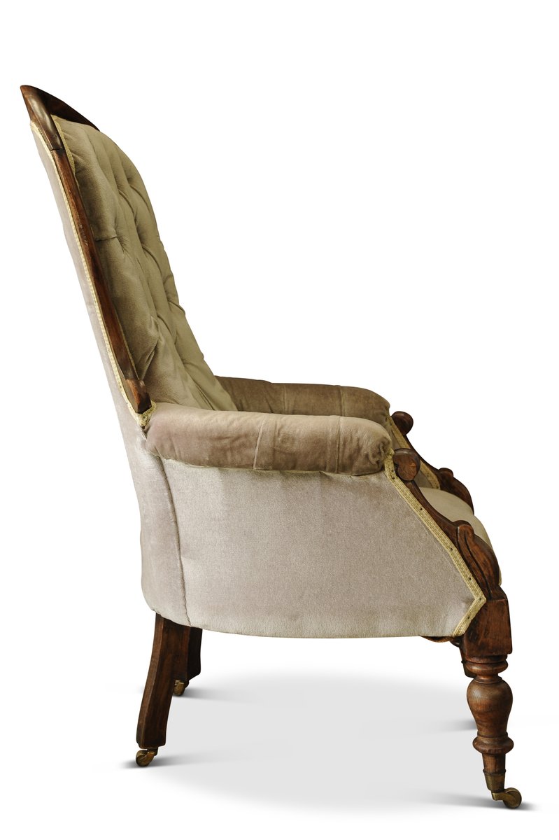 Victorian Walnut & Velvet Scroll Arm Button Back Library Armchair with ...