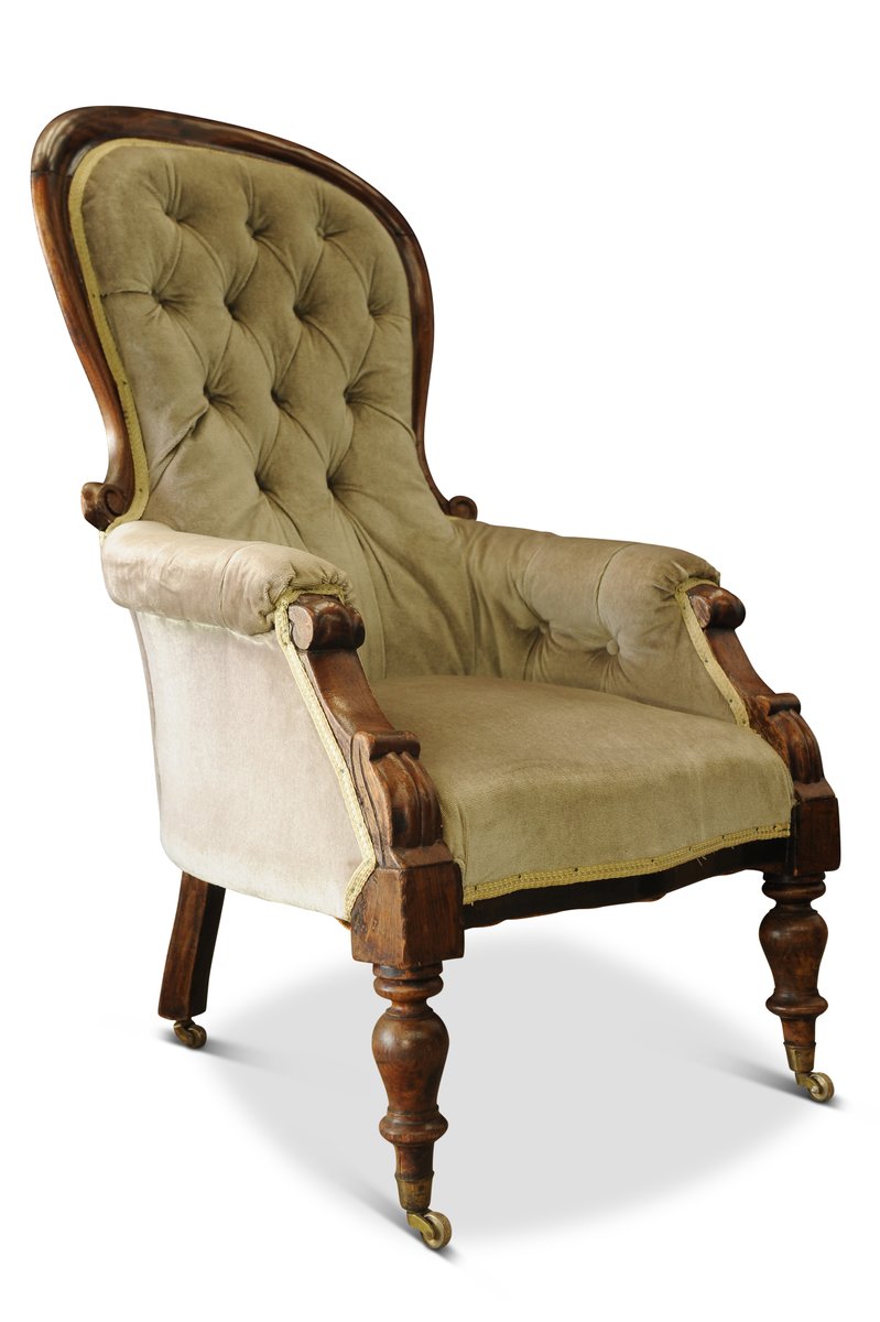 Victorian Walnut & Velvet Scroll Arm Button Back Library Armchair with ...