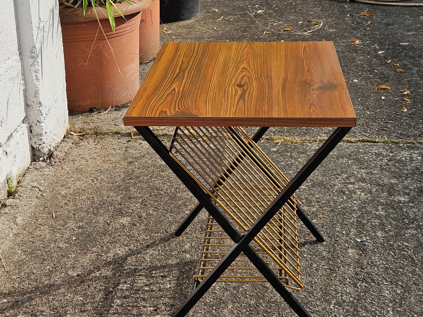 Mid-Century French Formica & Brass Side Table with Magazine Rack, 1960s ...