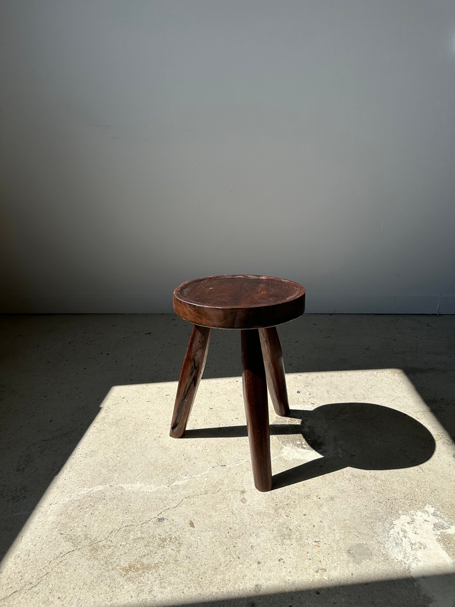 Small Brown High Hollow Upcycled Teak Tripod Stool for sale at Pamono
