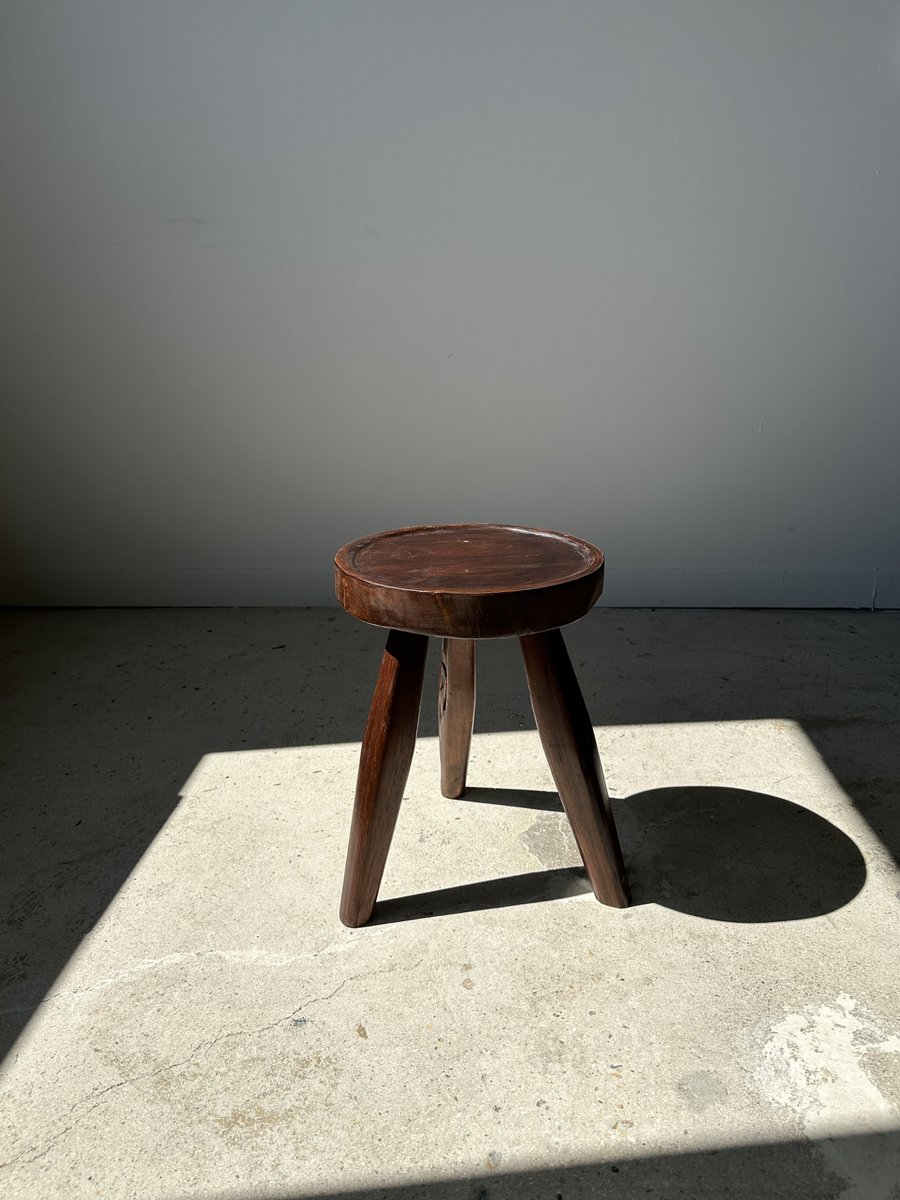 Small Brown High Hollow Upcycled Teak Tripod Stool for sale at Pamono