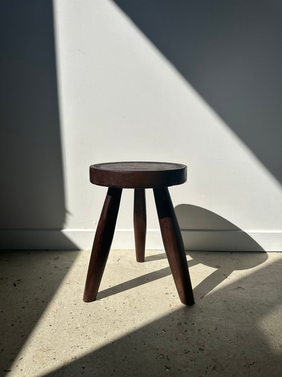Small Brown High Hollow Upcycled Teak Tripod Stool for sale at Pamono