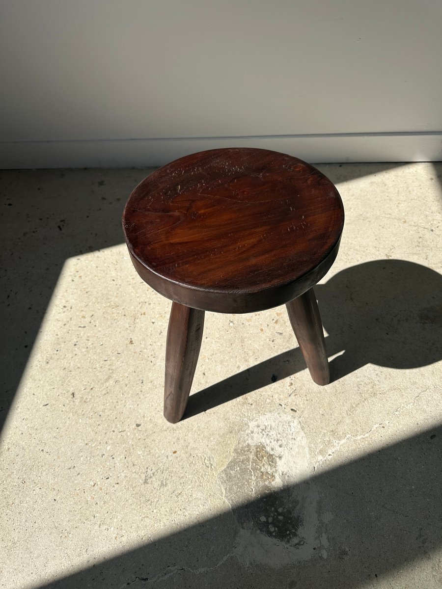 Small Brown Tripod Stool in Upcycled Teak with Flat Top for sale at Pamono