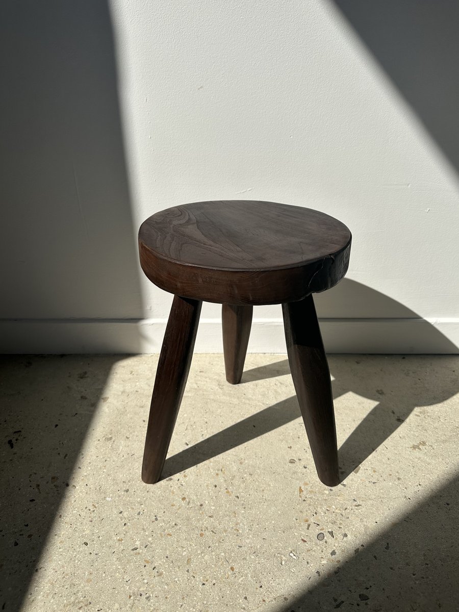 Small Brown Tripod Stool in Upcycled Teak with Flat Top for sale at Pamono