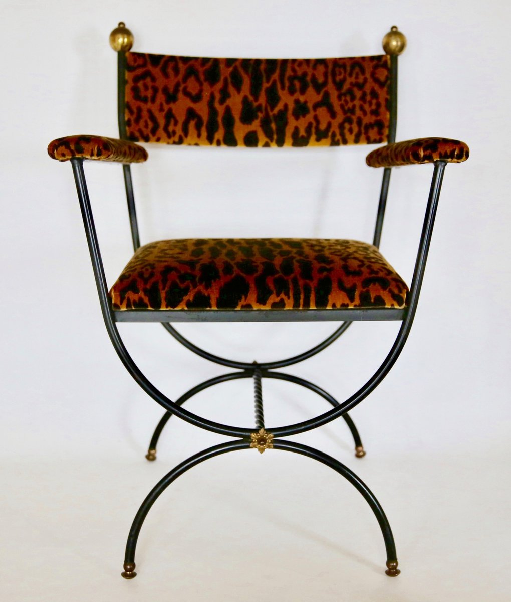 French Curule Armchair in Leopard Silk Velvet, 1960s for sale at Pamono