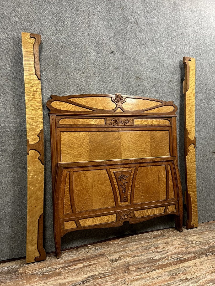 Art Nouveau Nancy School Center Bed in Maple and Mahogany in the style of Majorelle, 1890s for ...