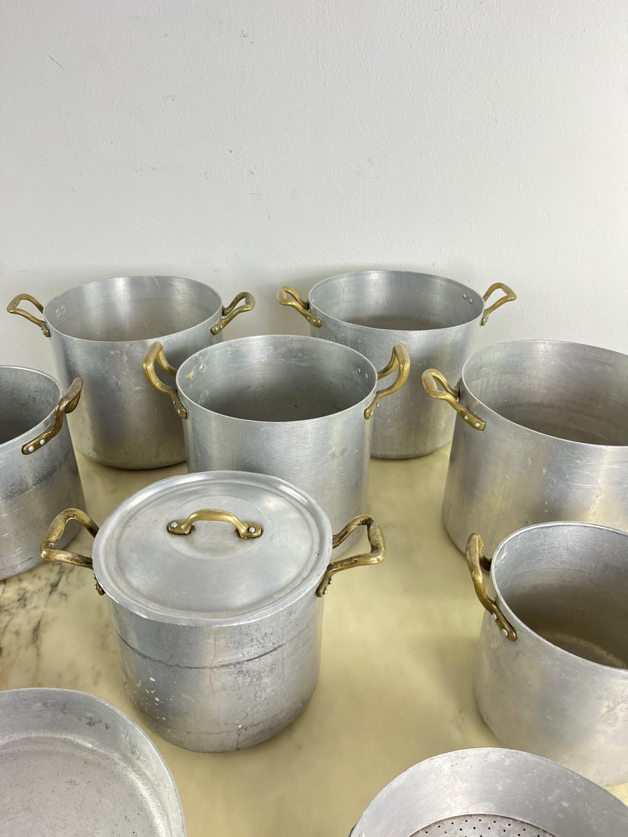 Mid-Century Aluminum and Brass Saucepans, Baking Tray and Sieve, 1940s ...