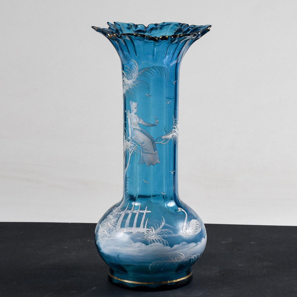 Liberty Vase in Blue Glass with Hand-Painted Bucolic Scene Mary Gregory ...