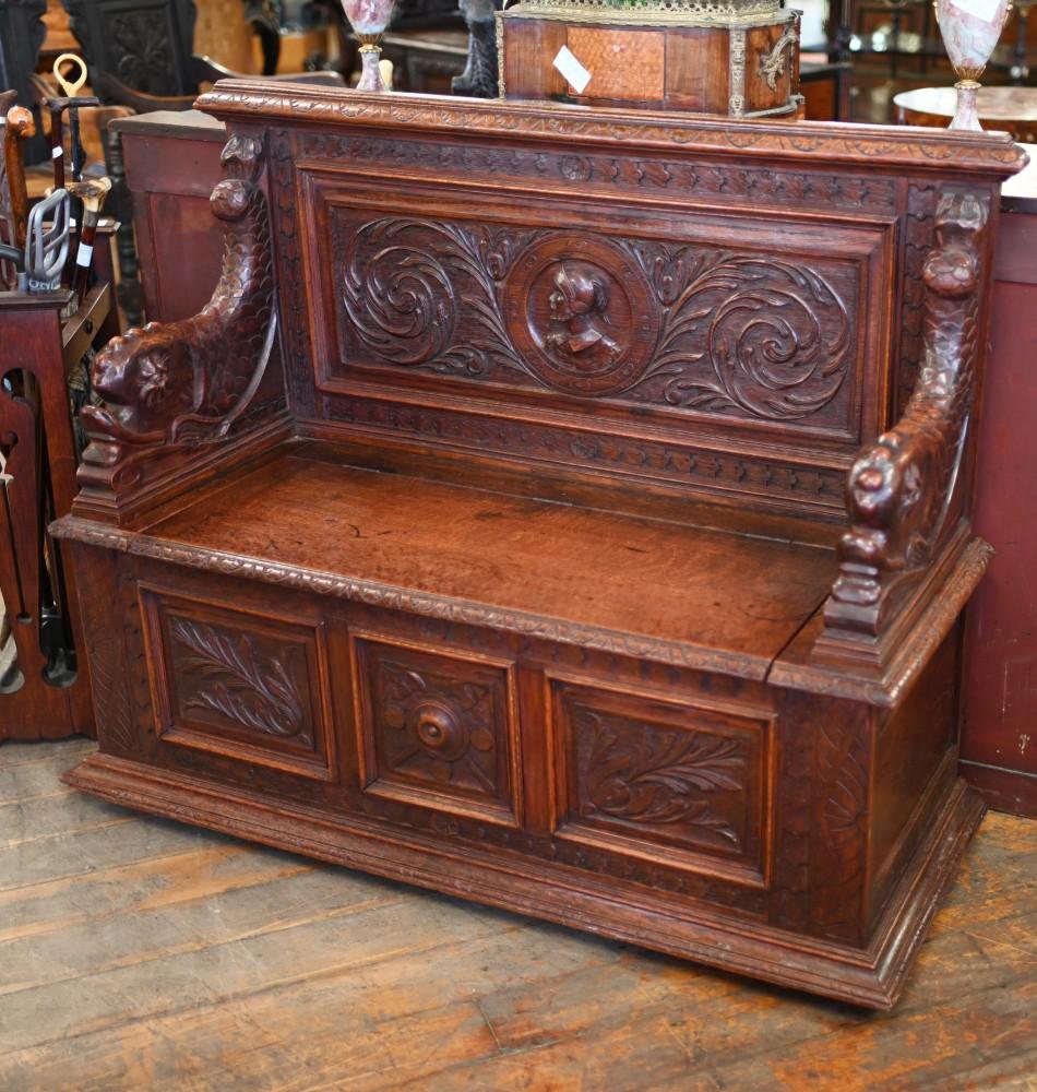 Victorian Oak Monks Bench with Carved Serpent Arms, 1850 for sale at Pamono