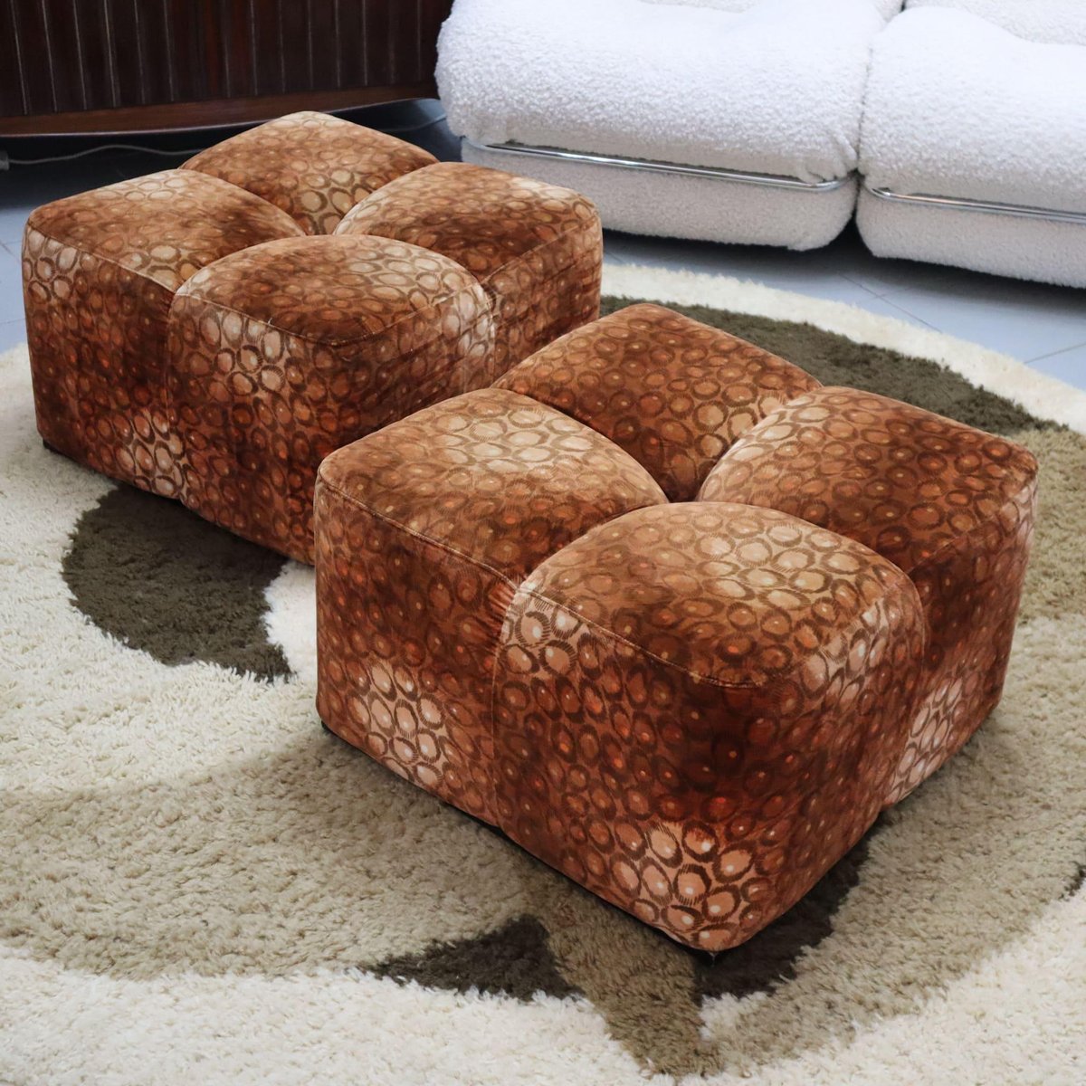 Square Poufs in Geometric Fabric, 1970s, Set of 2 for sale at Pamono
