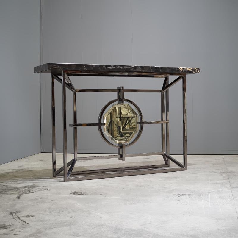 Bespoke Arabescato Corchia Black Marble Top Console Table with Plated ...