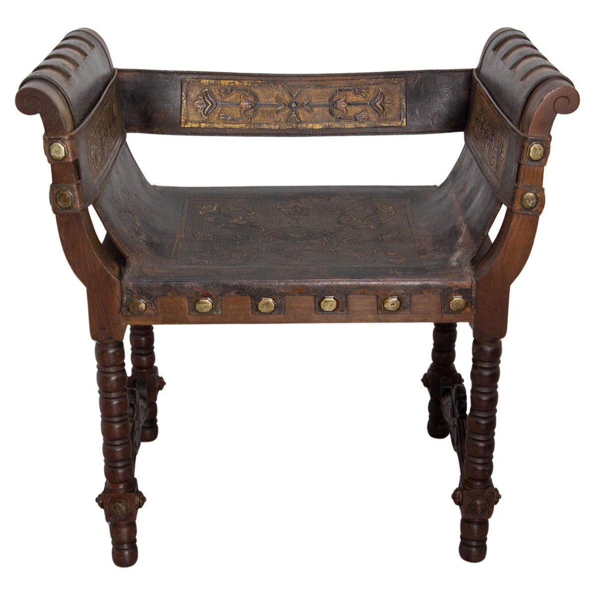 Mid-Century Spanish Curule Style Armchair in Cordovan Leather and Wood ...