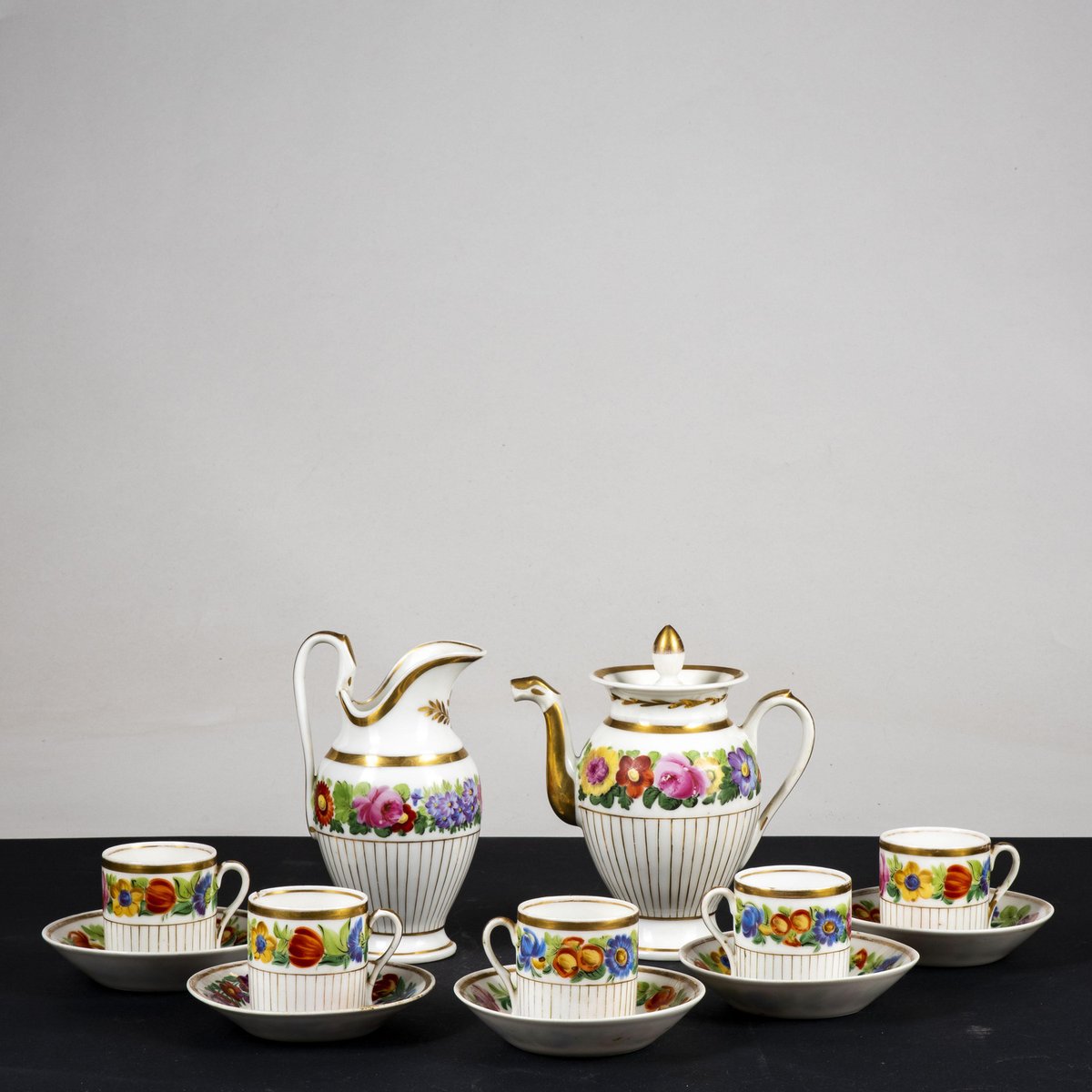 Napoleon III Ceramic Tea Set with Floral Decorations and Gold Edge for ...