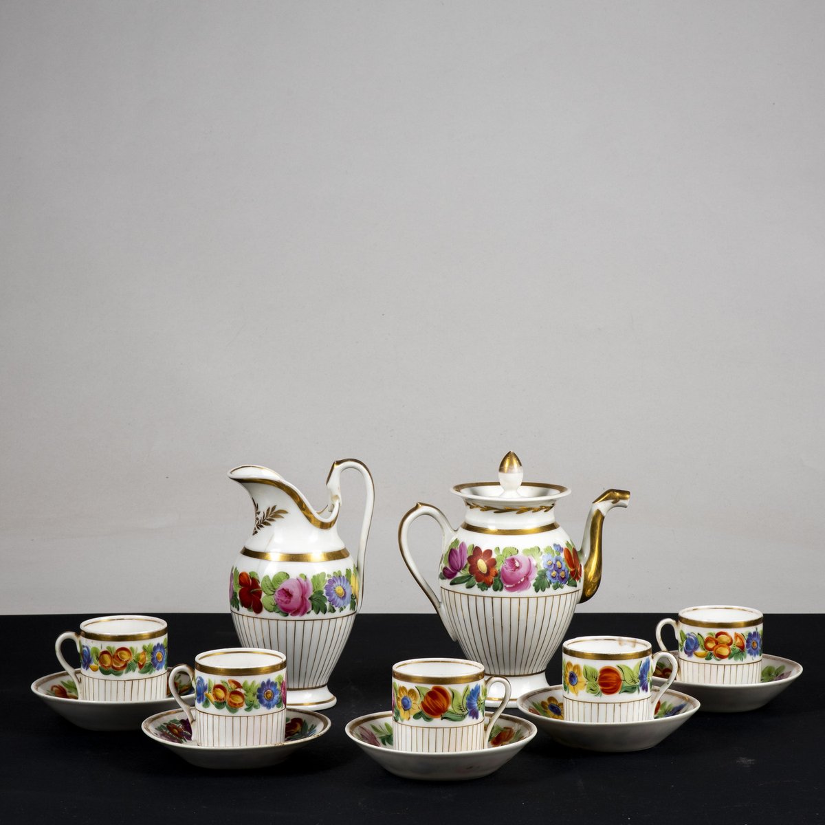 Napoleon III Ceramic Tea Set with Floral Decorations and Gold Edge for ...