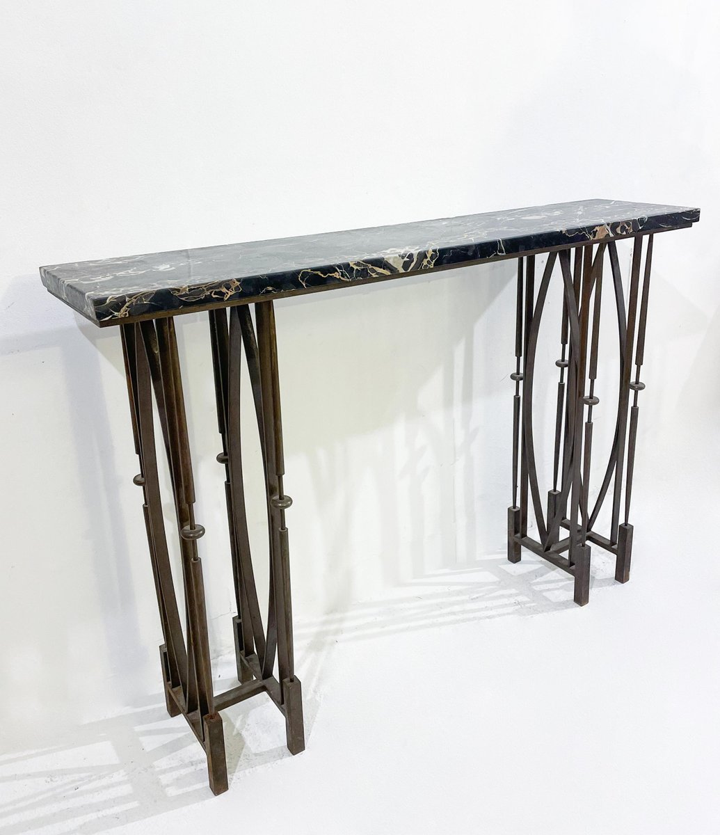 Art Deco Console in Iron and Portor Marble, 1920s for sale at Pamono