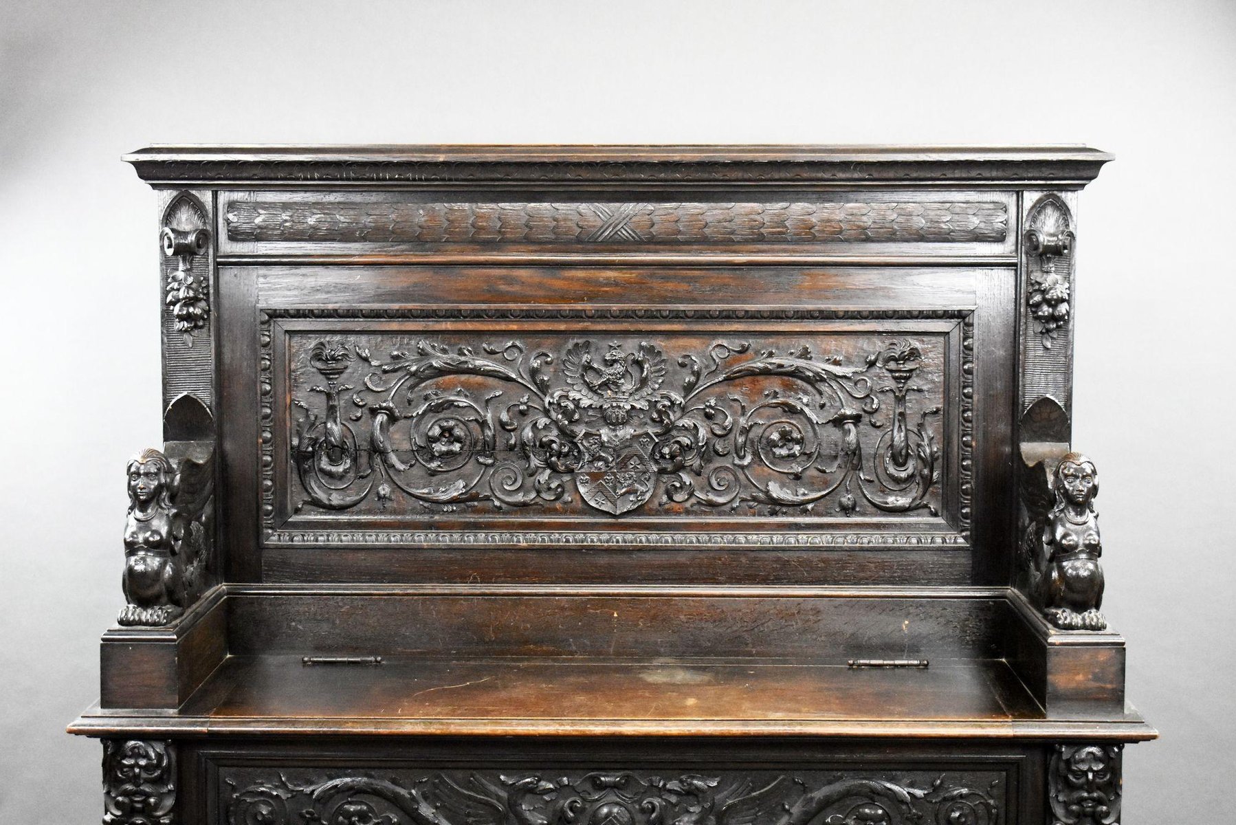 Antique Heavil Carved Oak Bench, 1860 for sale at Pamono