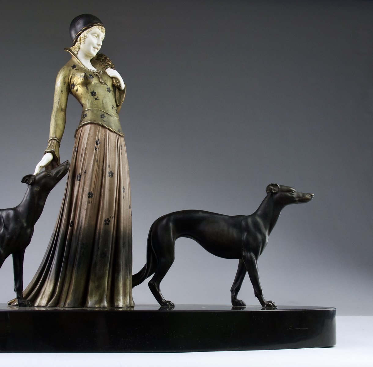 Demetre Haralamb Chiparus, Art Deco Sculpture of Figure with Greyhounds ...