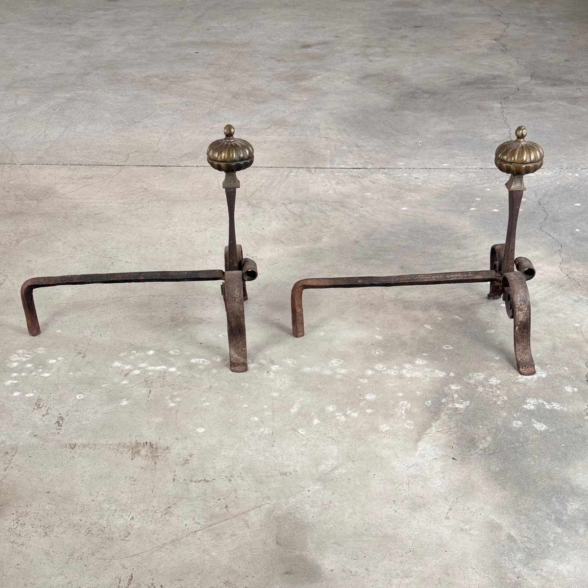 Antique Wrought Iron Andirons with Fluted Design and Bronze Finials ...