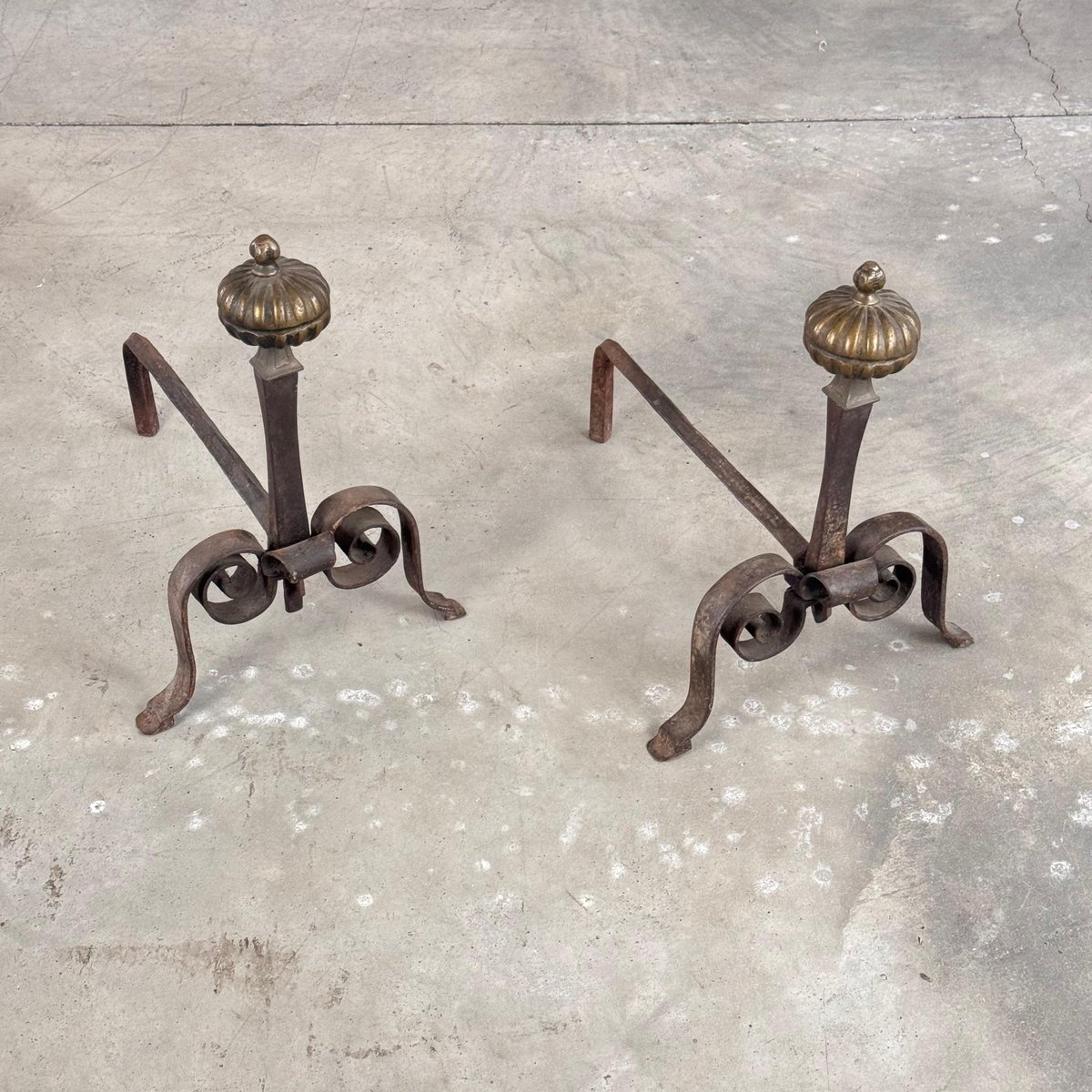 Antique Wrought Iron Andirons with Fluted Design and Bronze Finials ...
