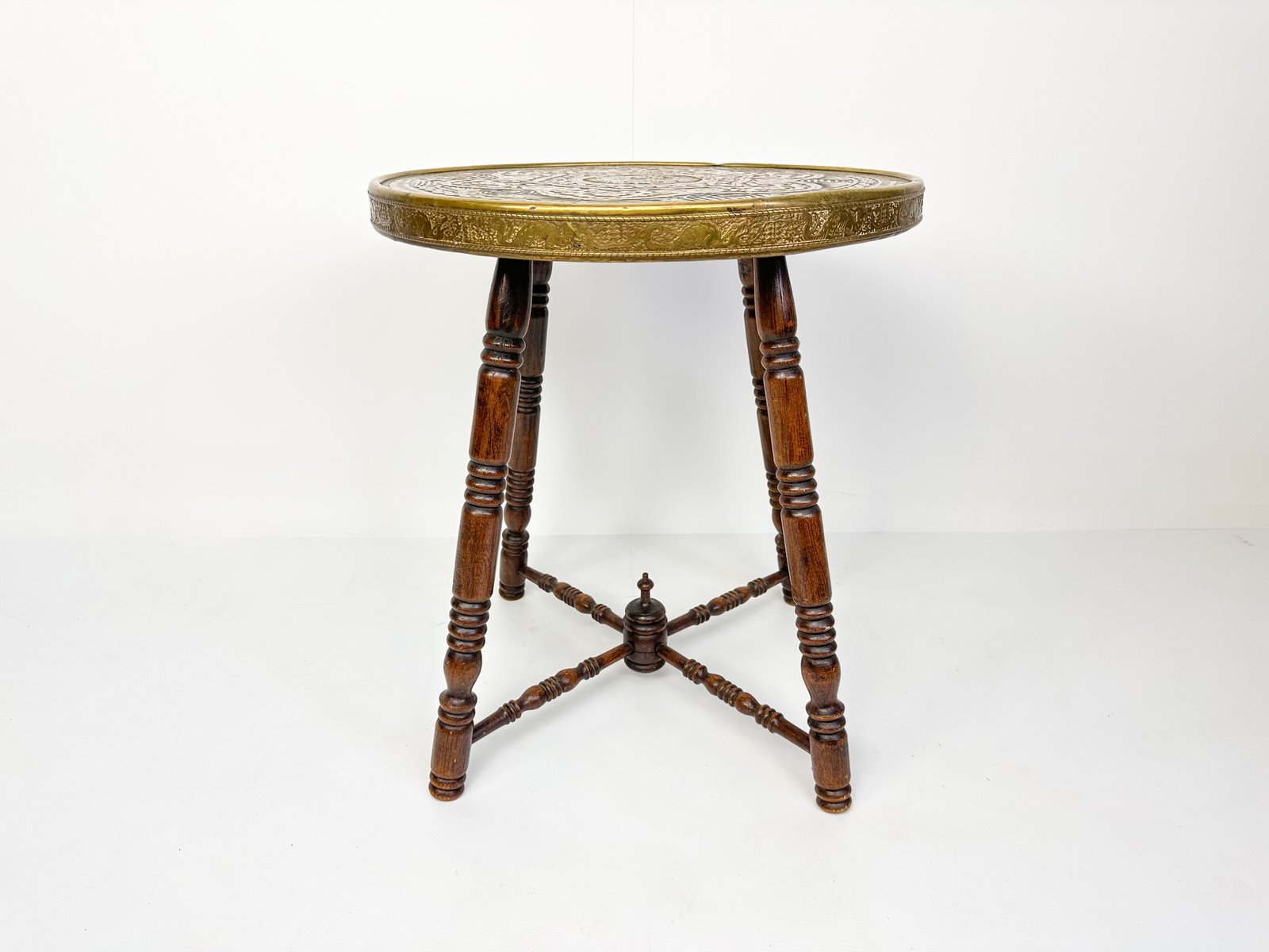 Vintage Side Table with Engraved Brass Top, 1920s for sale at Pamono