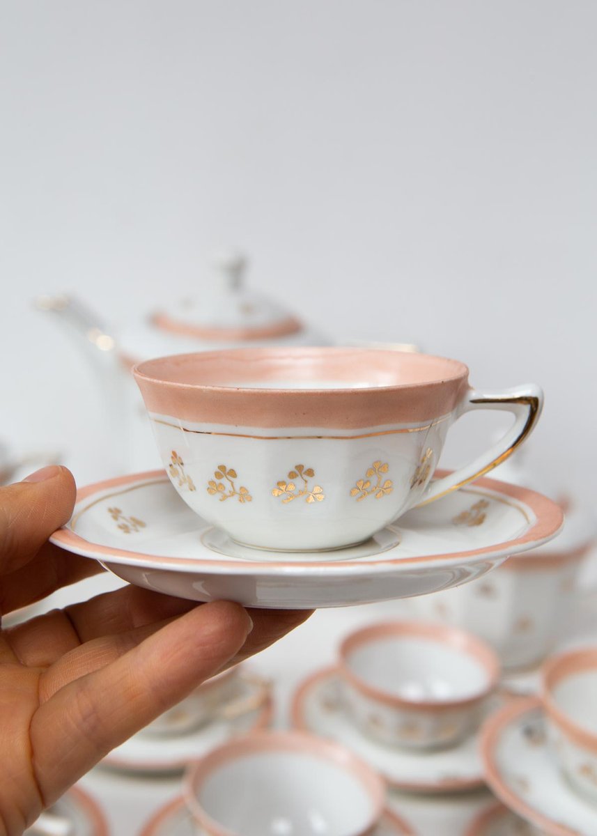 Vintage French Porcelain Tea in Gold and Coral, 1950s, Set of 26 for ...