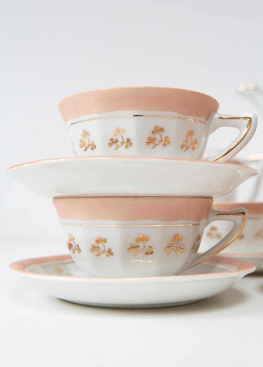 Vintage French Porcelain Tea in Gold and Coral, 1950s, Set of 26 for ...
