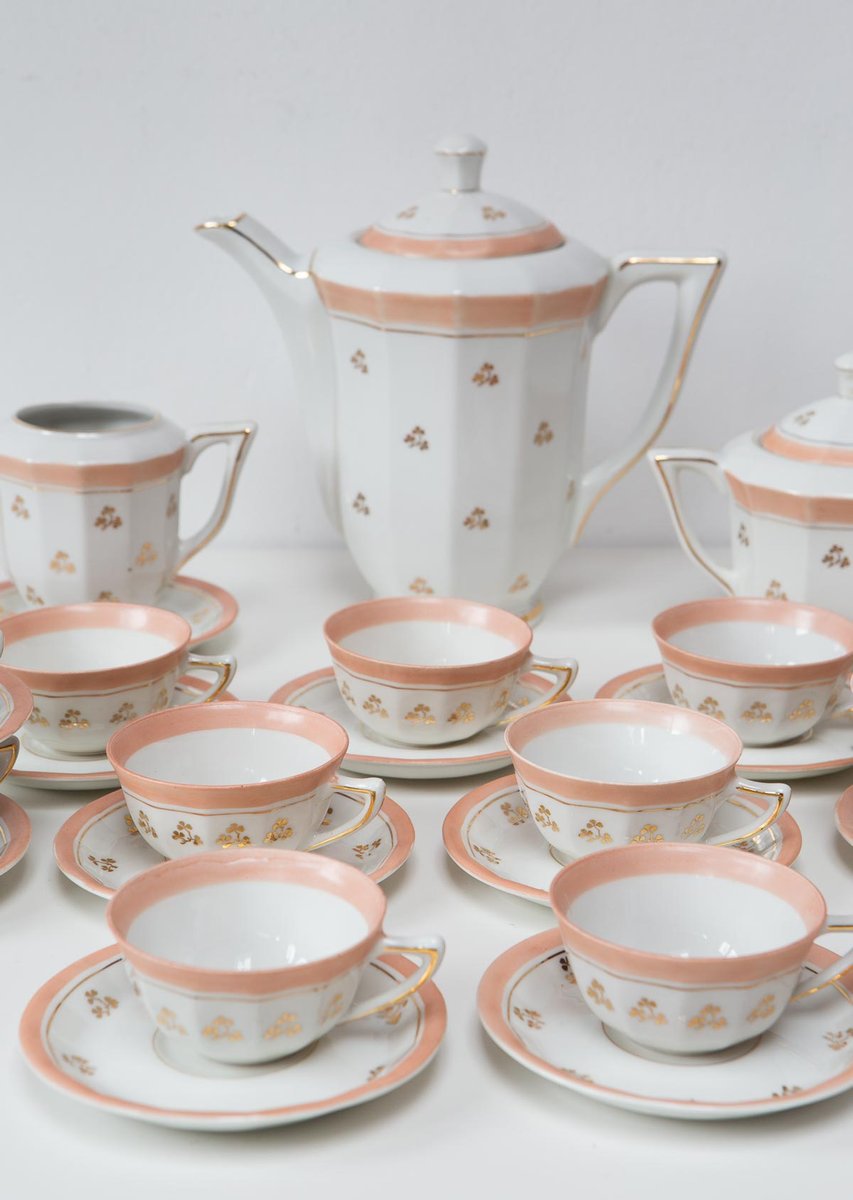 Vintage French Porcelain Tea in Gold and Coral, 1950s, Set of 26 for ...