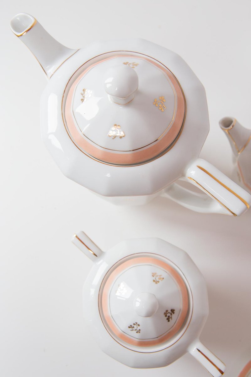 Vintage French Porcelain Tea in Gold and Coral, 1950s, Set of 26 for ...
