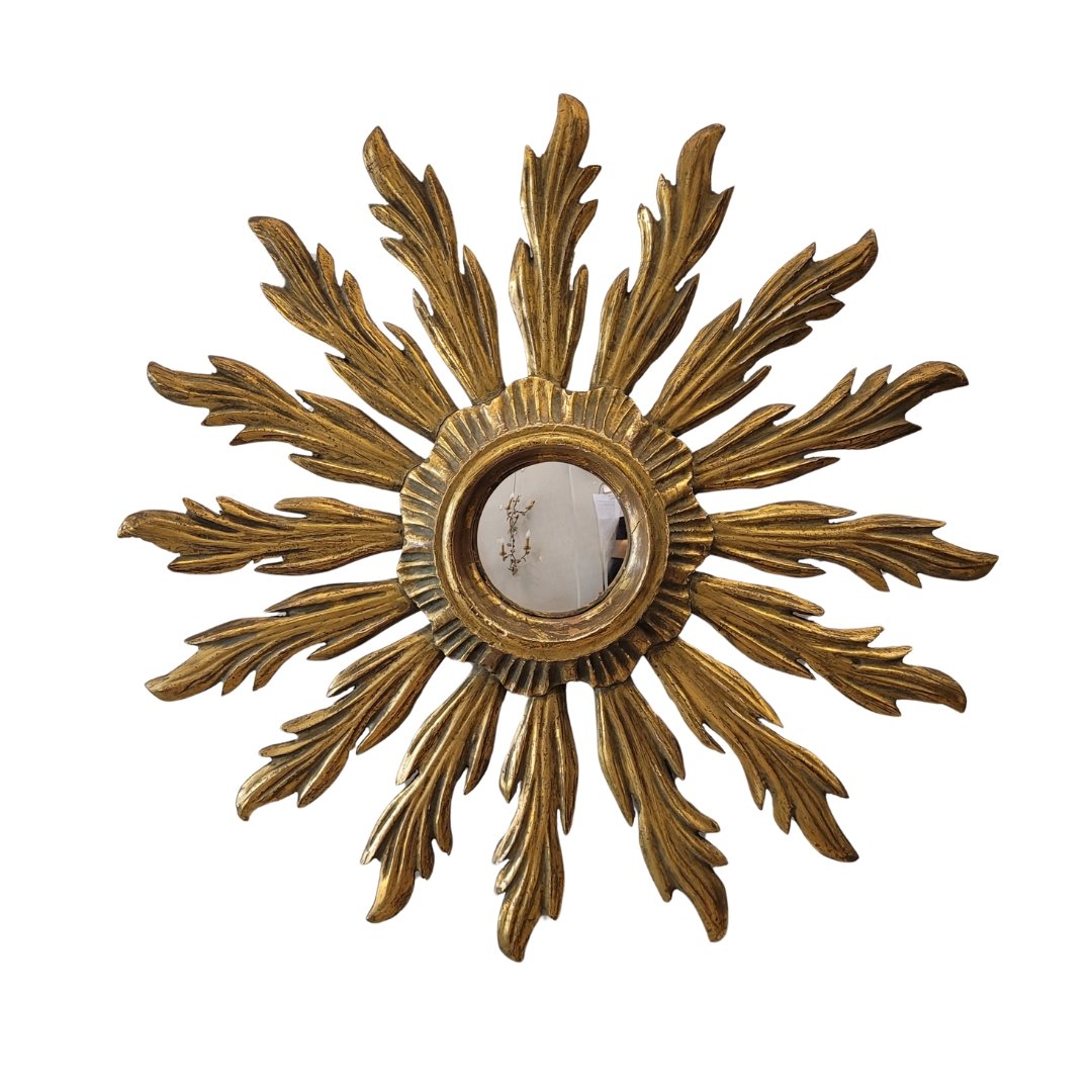 French Sun Mirror with Convex Glass in Gilded Wood for sale at Pamono
