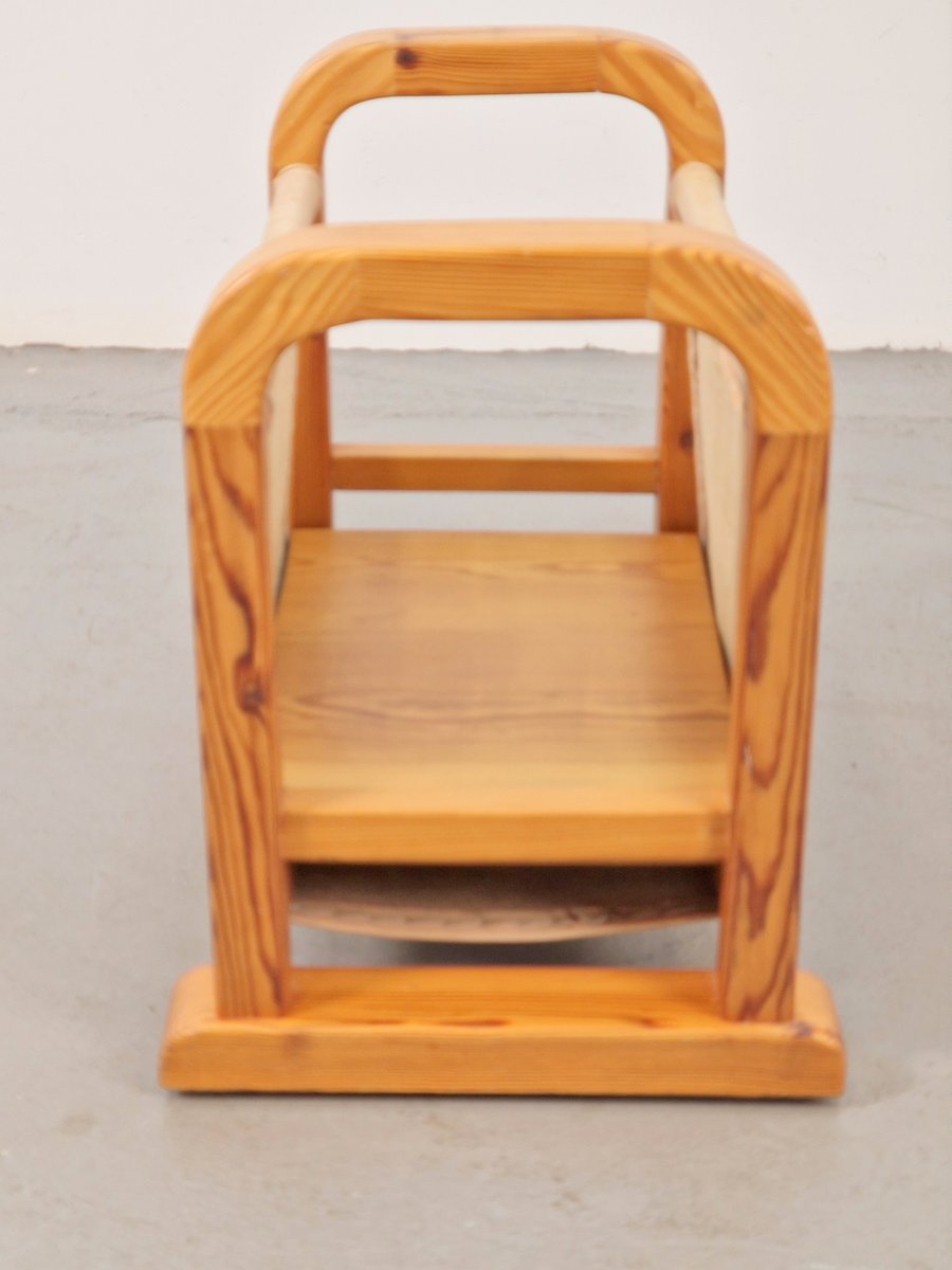 Vintage Japandi Pine Wood & Leather Magazine Rack, 1970s for sale at Pamono