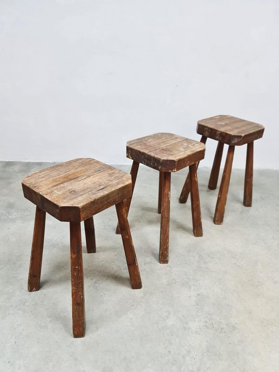 French Rustic Wooden Hand Carved Stools, 1930s, Set of 3 for sale at Pamono