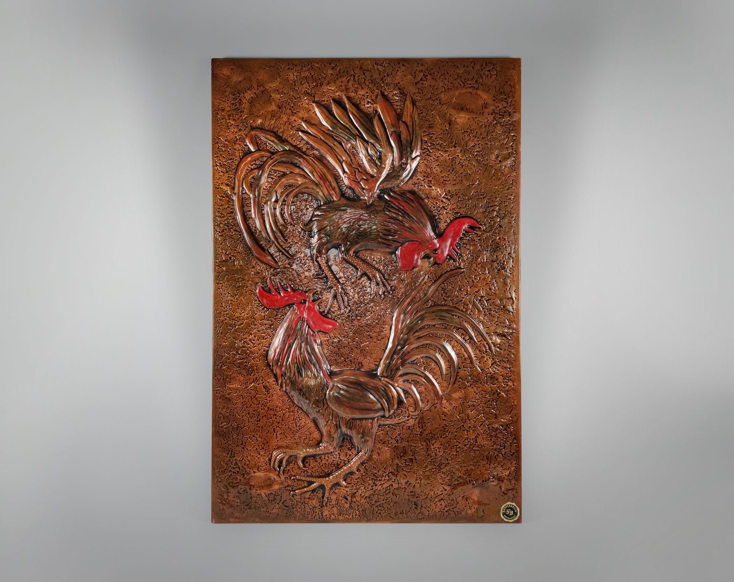 Large Hand-Beaten Copper Wall Hanging of Fighting Cockerels, 1960s for ...