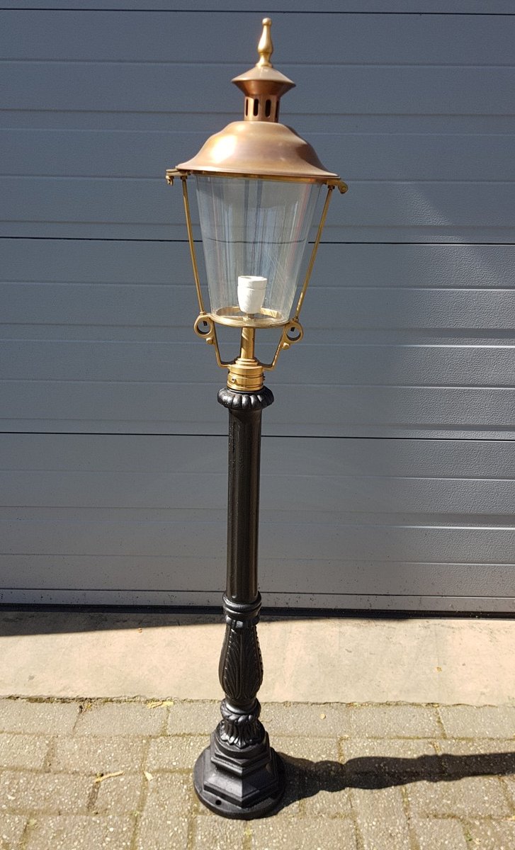 Cast Iron Lamp Post with Copper Round Lantern for sale at Pamono