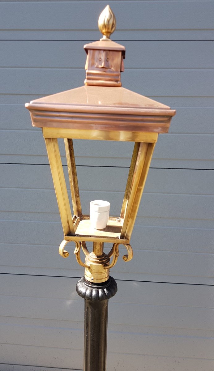 Cast Iron Lamp Post with Copper Square Lantern for sale at Pamono