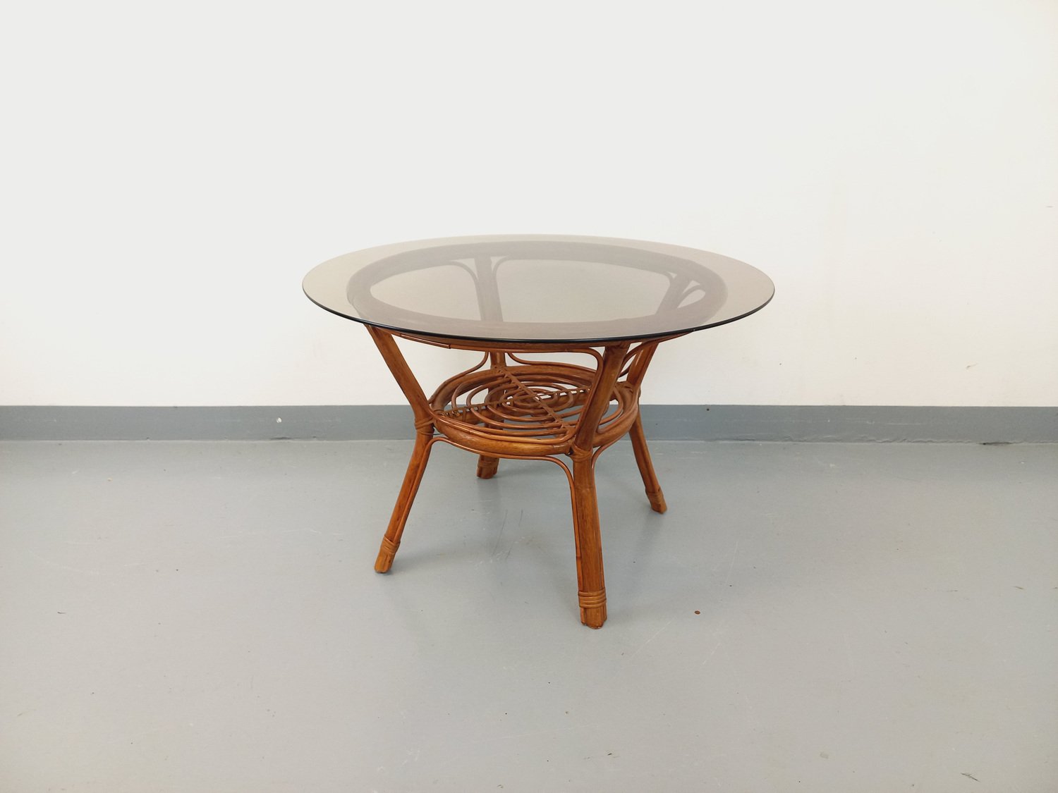 Vintage Round Coffee Table in Smoked Glass and Rattan, 1960s for sale ...