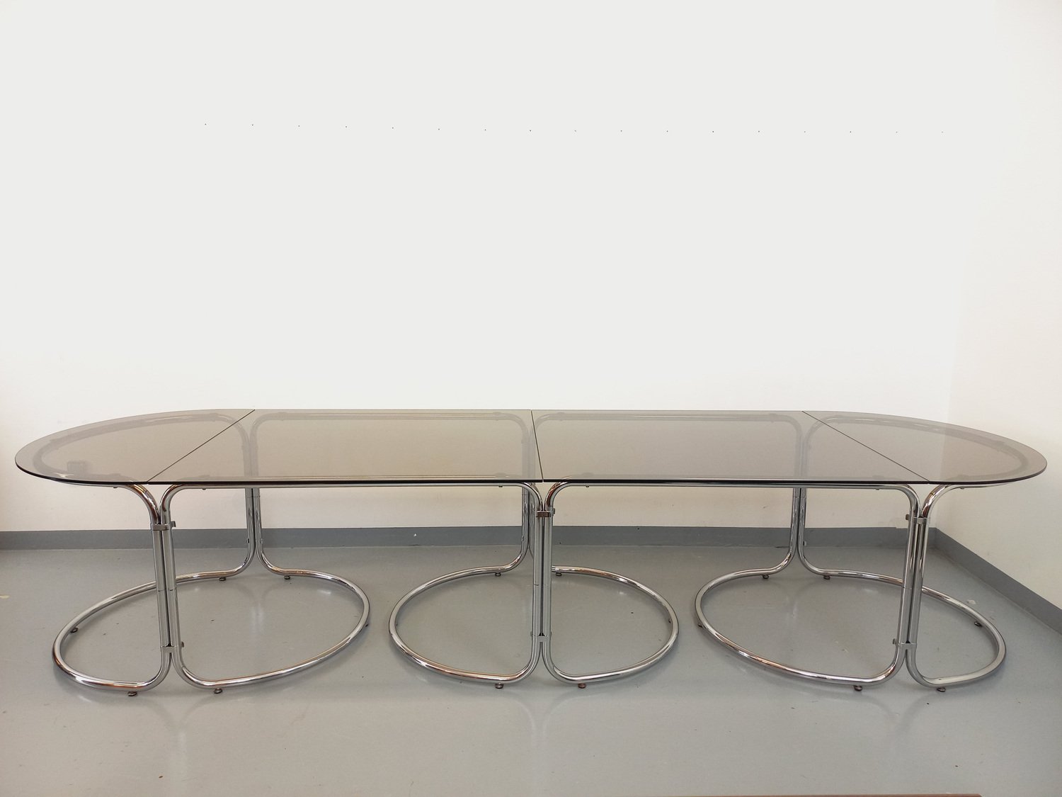 Large Vintage Modular Oval Dining Table in Smoked Glass and Chrome ...