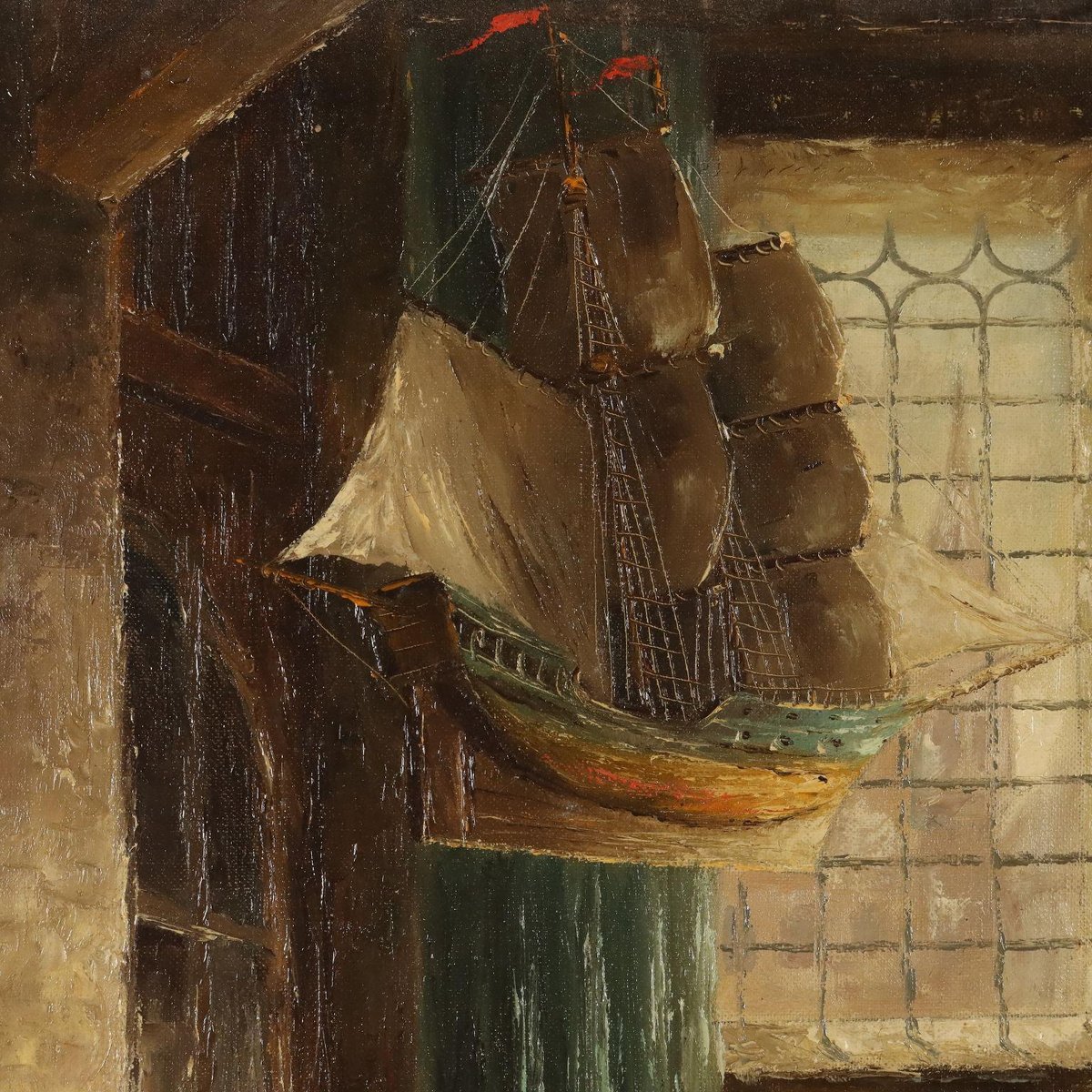 German Artist, Interior with Figures, Oil on Canvas for sale at Pamono