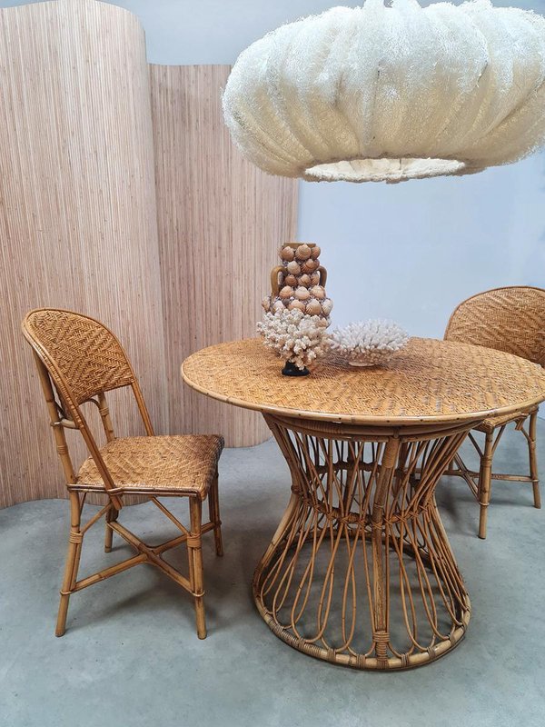 Vintage Round Rattan & Bamboo Dining Set, 1960s, Set of 3 for sale at ...