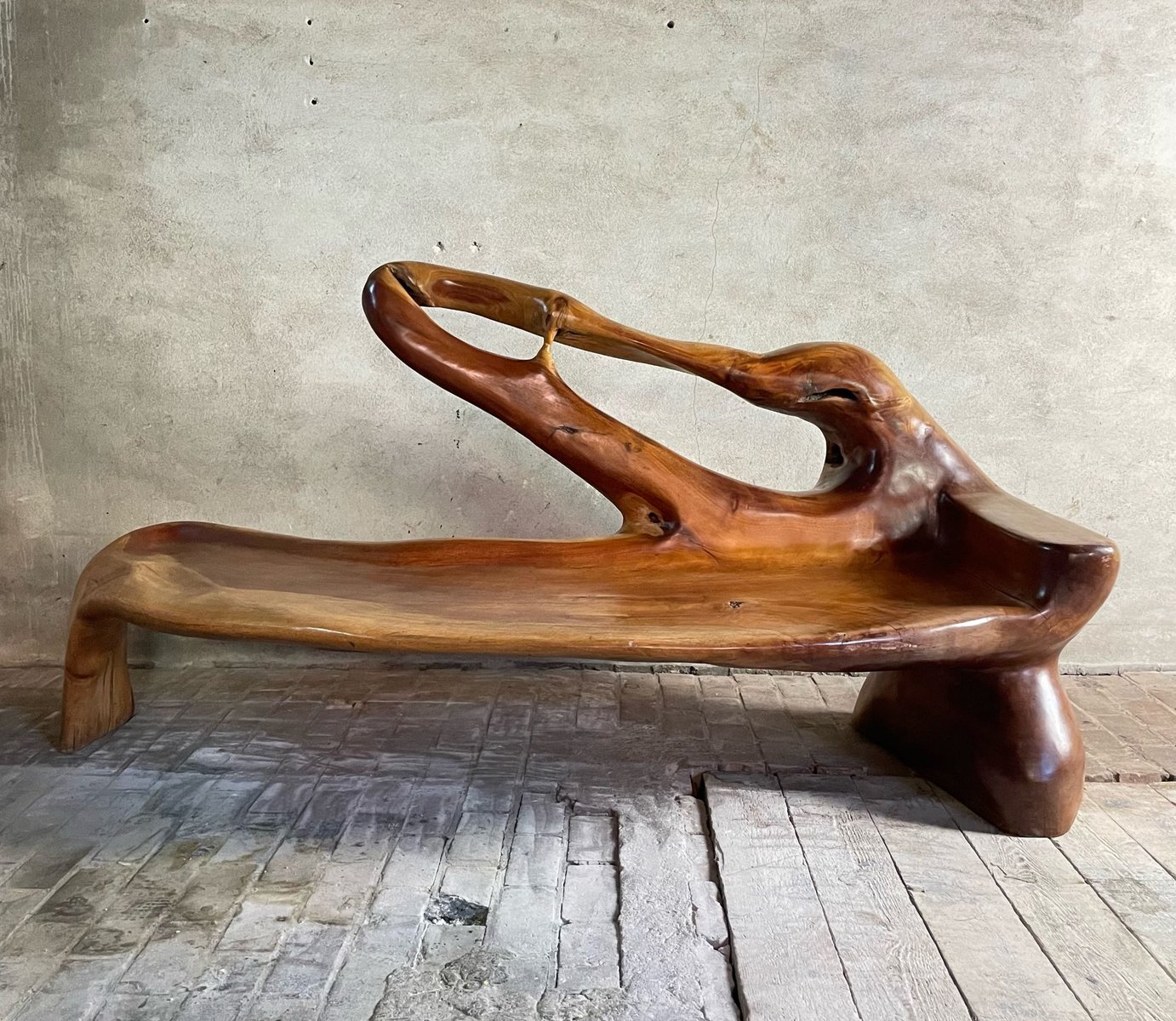 Sculptural Wooden Hand-Carved Bench for sale at Pamono
