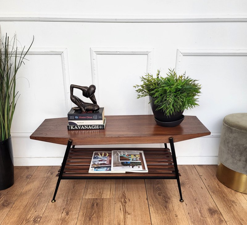 Mid-Century Modern Italian Octagonal Metal Brass Slat Wood Coffee Table ...