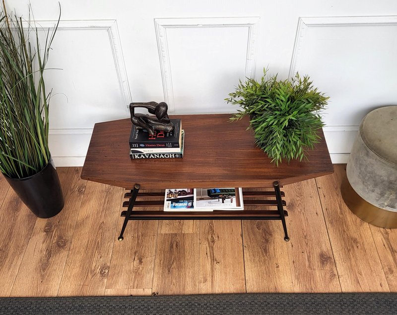 Mid-Century Modern Italian Octagonal Metal Brass Slat Wood Coffee Table ...