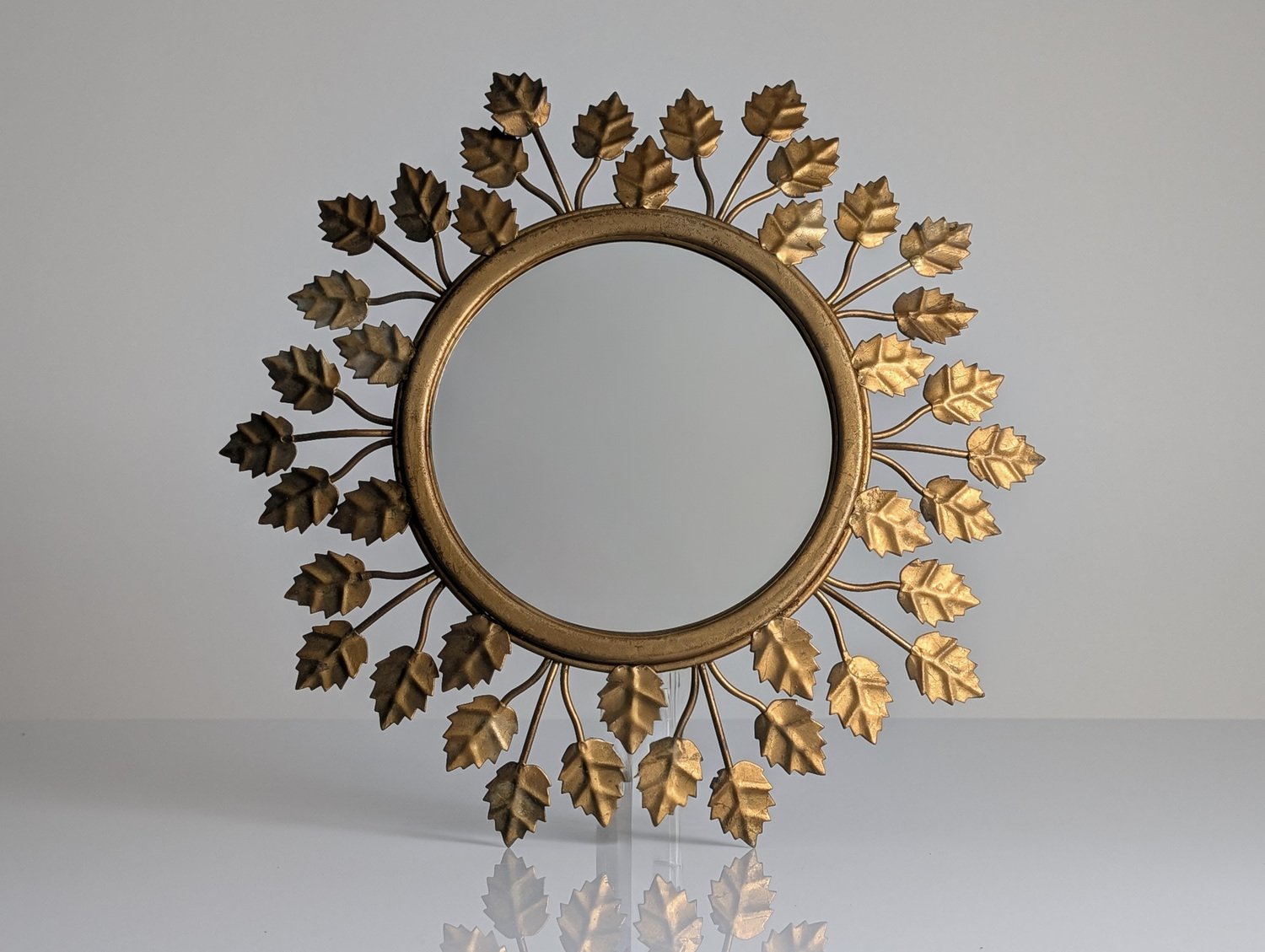 Sun Mirror with Gold Metal Leaves, 1970s for sale at Pamono