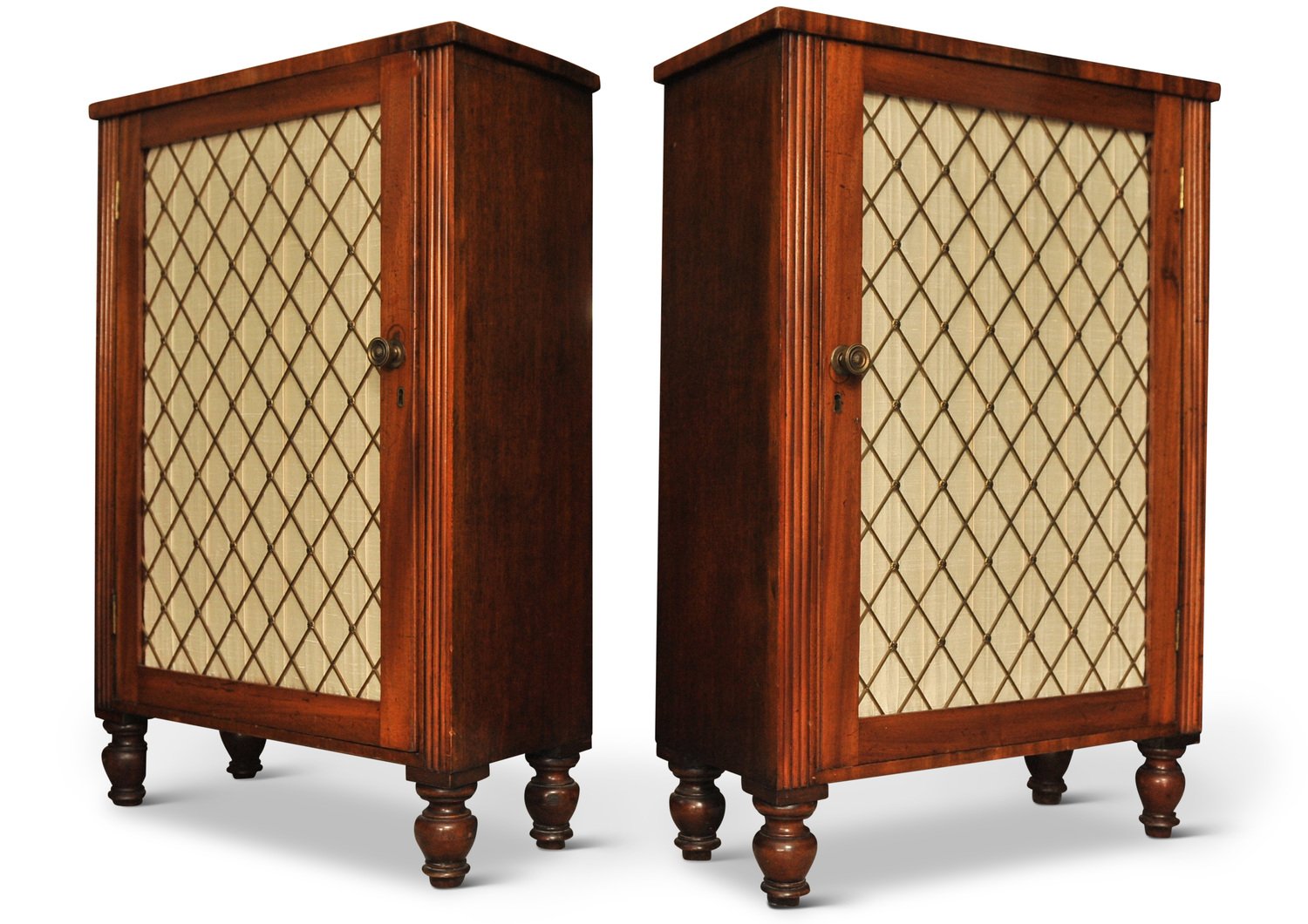 Regency Mahogany Side Cabinets with Brass Lattice Fronts, 1890s, Set of ...