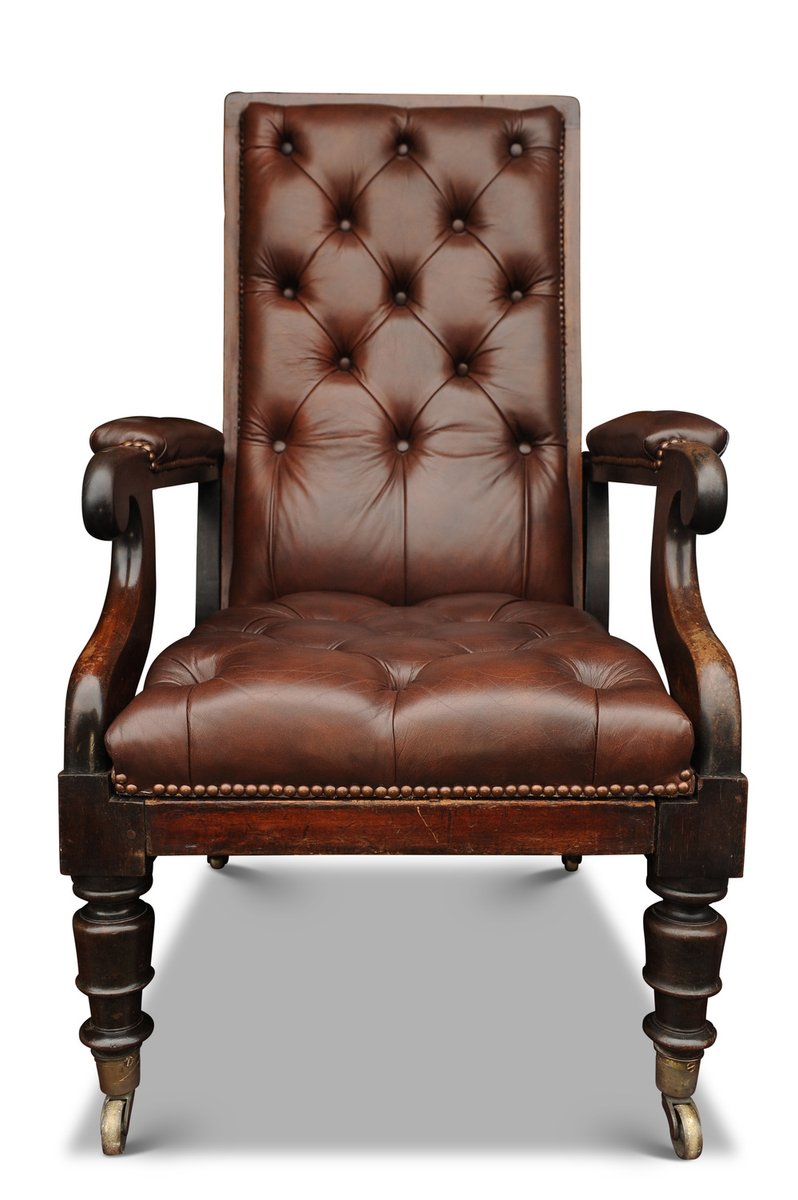 William IV Leather Button Back Reclining Library Chair on Brass Castors ...