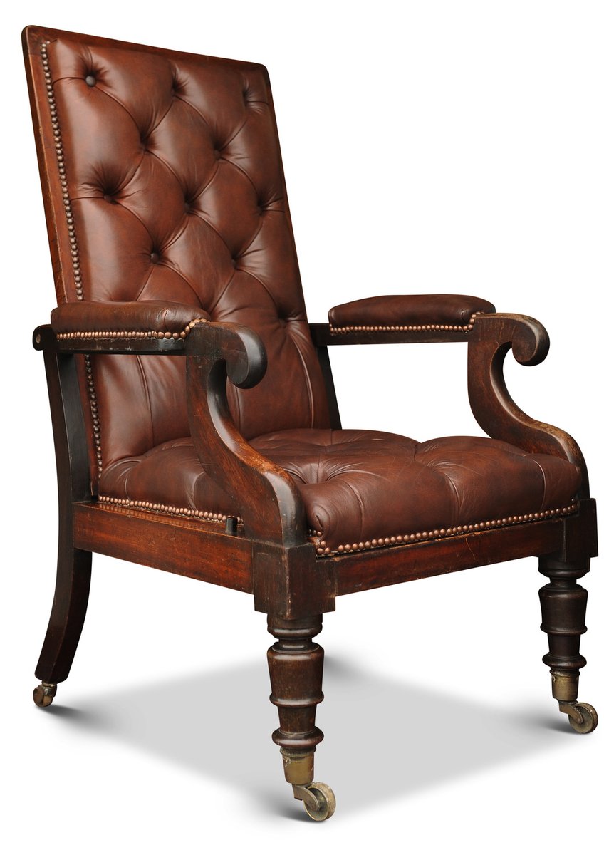 William IV Leather Button Back Reclining Library Chair on Brass Castors ...