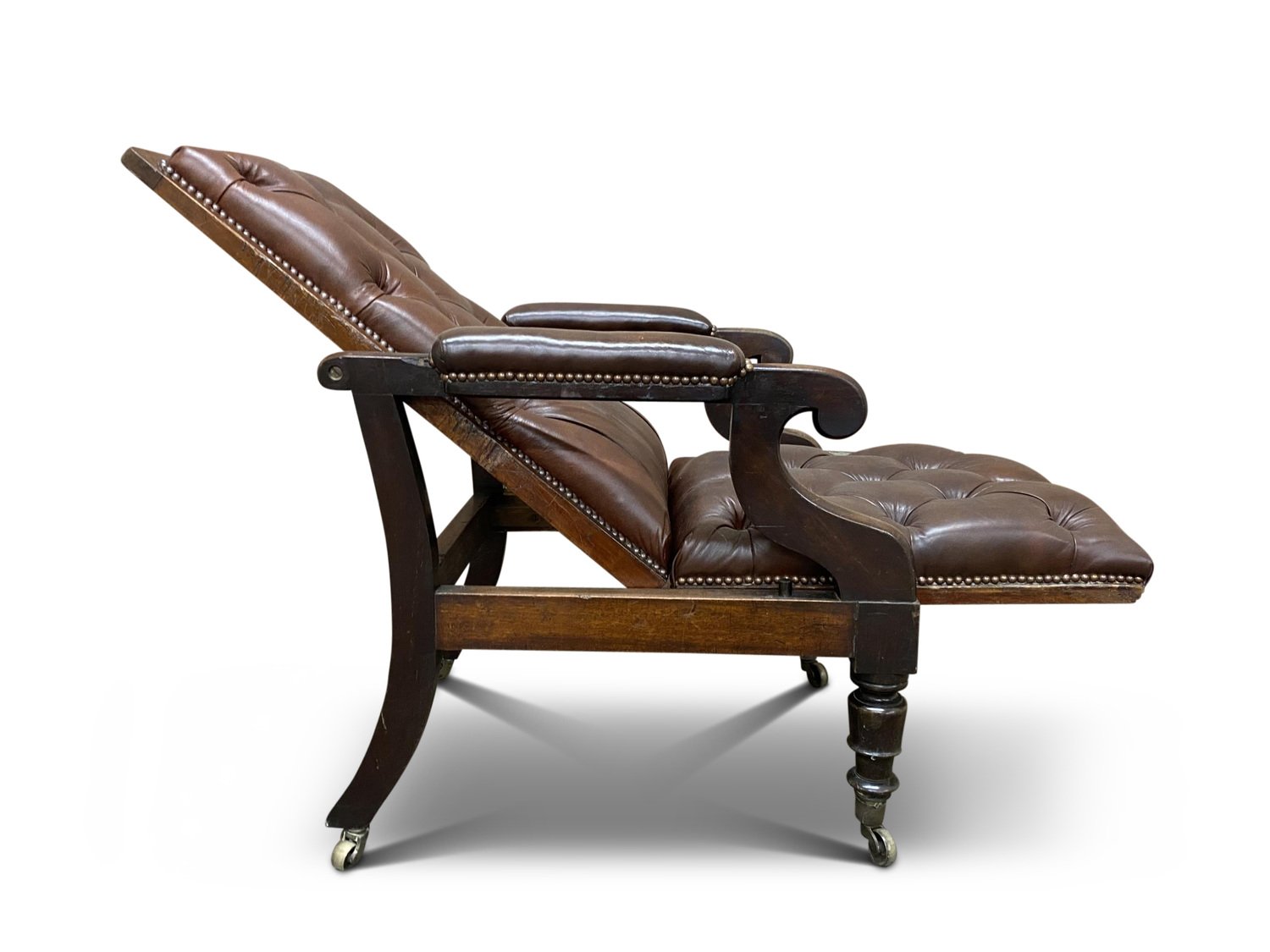 William IV Leather Button Back Reclining Library Chair on Brass Castors ...