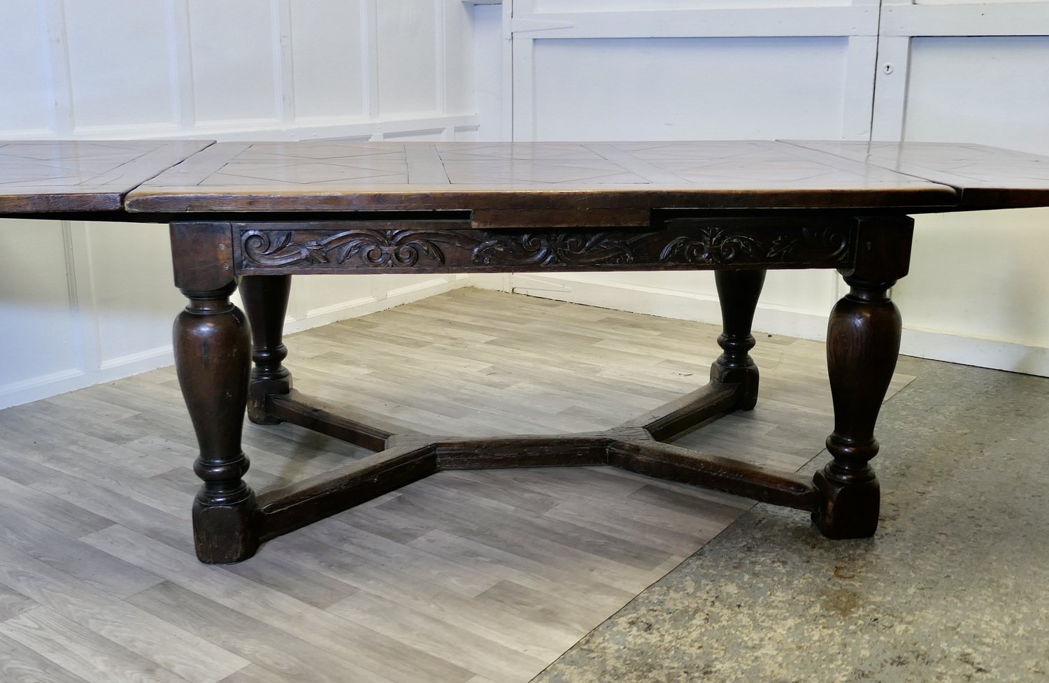 Large Antique Carved and Parquetry Oak Draw Leaf Table, 1890s for sale ...