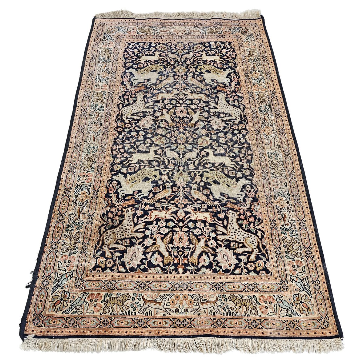 Qom Silk Rug Depicting the Hunting Scene, 1930s for sale at Pamono